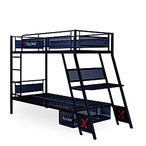 X Rocker Armada Gaming Bunk Bed, Durable Metal Frame, Built-in Gaming Desk, Safe Ladder, Grid Mesh Sides, 7000301, 95.6" x 41.5" x 64.2", Twin Over Twin, Black
