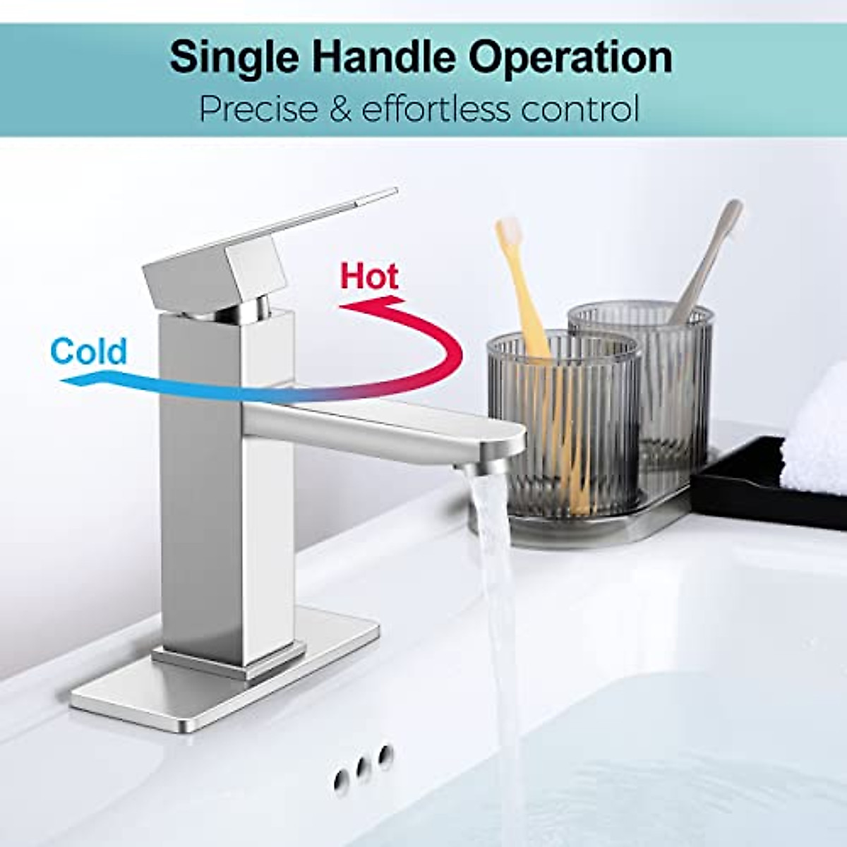 Herogo Brushed Nickel Bathroom Faucet, Stainless Steel Bathroom Sink Faucets with Brass Pop-up Sink Drain Stopper & Deck Plate 1 or 3 Hole, Single Handle RV Lavatory Faucet with 2 Water Hoses