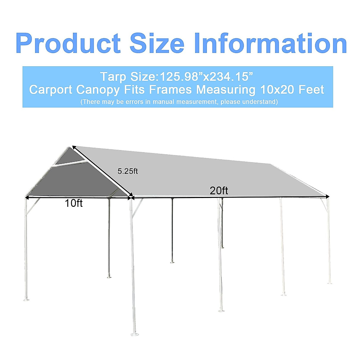 BOUTICOL 10 x 20 Ft Heavy Duty Carport Replacement Canopy Cover Waterproof & UV Protected Garage Top Tent Shelter Tarp Cover with 44 Ball Bungees Cords, Only Top Cover, Grey