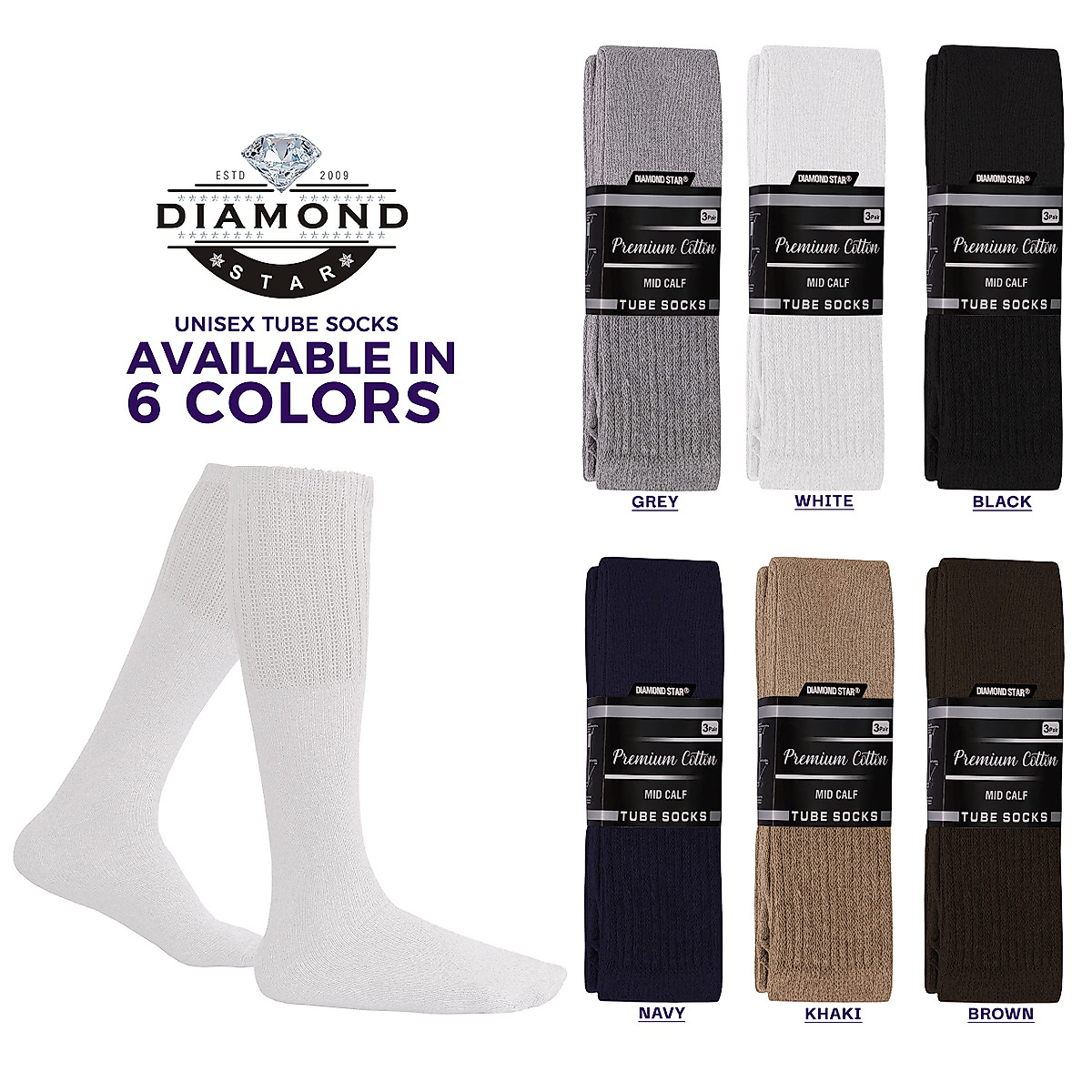 Diamond Star Men's 6 Pack Athletic Tube Socks Running Sports Over The Calf Full Cushioned Premium Soft Cotton Big and Tall 10-15 (White)