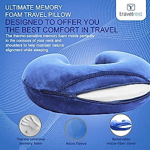 TRAVELREST - Travel & Neck Pillow, Therapeutic Memory Foam, Washable Micro-Fiber Cover, Soft and Comfortable - Head Support for Long Flights, Compact and Ergonommic Design, Attaches to Luggage - Blue