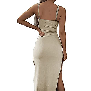 LYANER Women's Tie Knot Cut Out Side Split Hem Sleeveless Knit Bodycon Maxi Dress Beige Medium