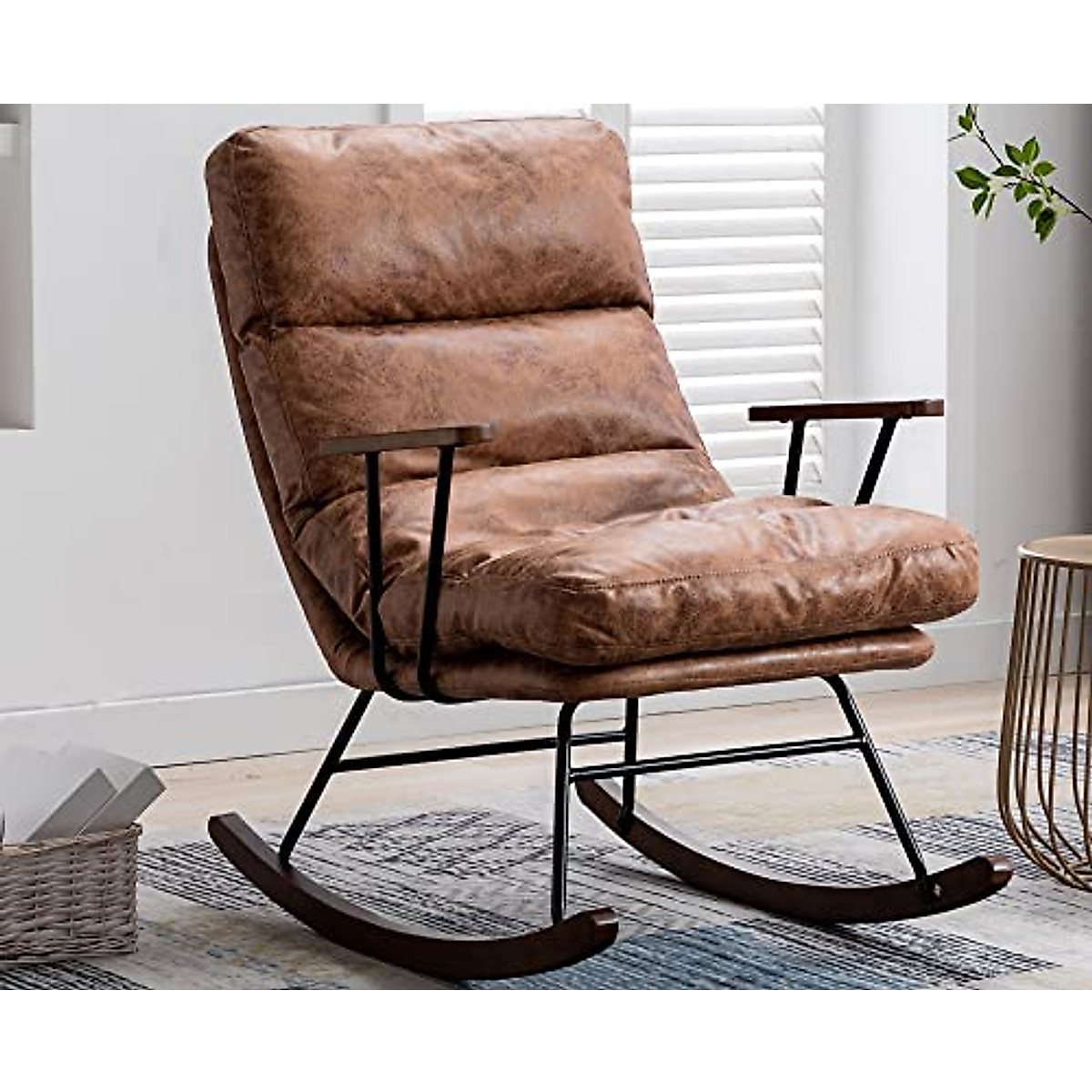 VESCASA Faux Leather Rocking Chair with Adjustable Cushioned Back, Overstuffed Nursery Rocker with Wood Arms, 22" W Lounge Glider Chair for Living Room/Bedroom/Reading, Brown