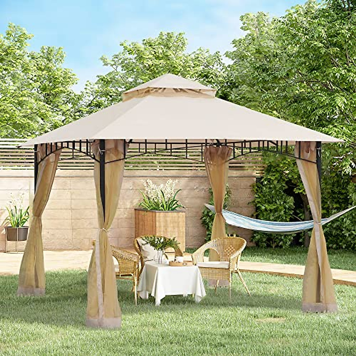 Outsunny 10' x 10' Outdoor Patio Gazebo Canopy Tent with Mesh Sidewalls, 2-Tier Canopy for Backyard, Beige