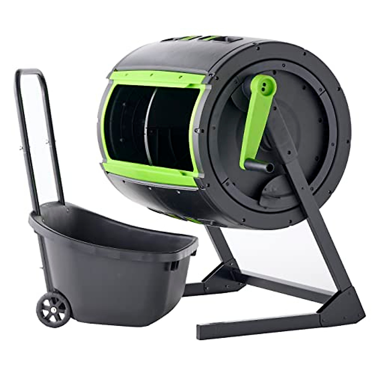 Maze 65 Gallon Dual Chamber Compost Tumbler with Large Double Door and Open Base and Comes with Maze Compost Cart