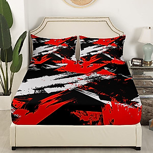 jejeloiu Geometric Abstract Bed Sheets Set Kids Geometry Strip Sheet Set Modern Sheets with Deep Pocket Fitted Sheet for Boys Room Decor Lightweight Retro Art Red Black Grey Bedding Set Full Size