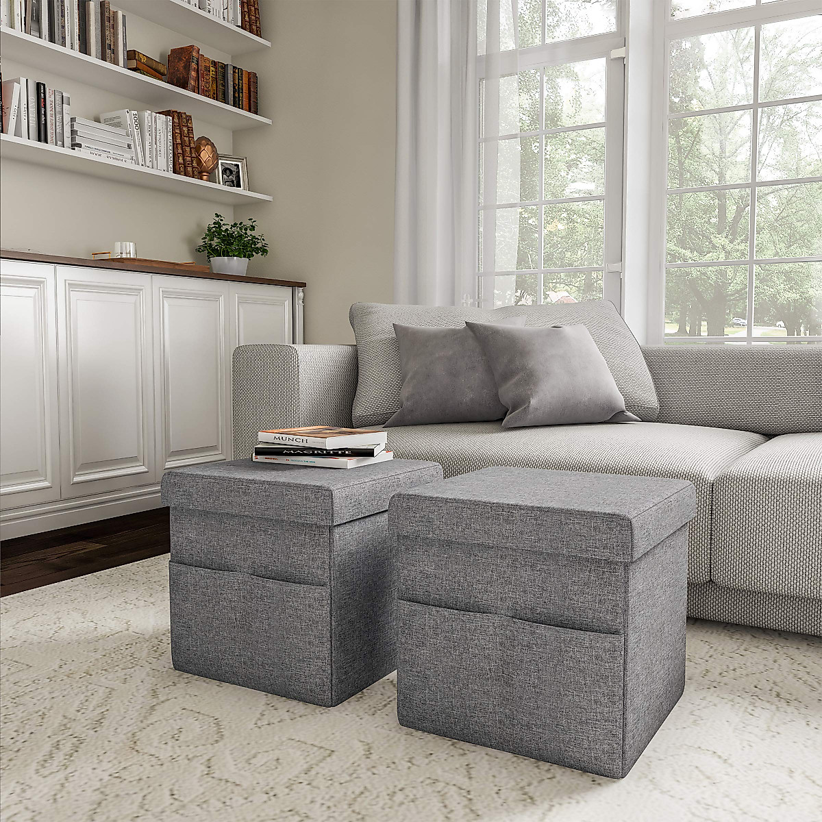 Lavish Home Set of 2 Cube Ottoman with Pockets 15-Inch Folding Foot Rests or Storage Organizers for Bedroom, Living Room, or Dorm, Charcoal Gray