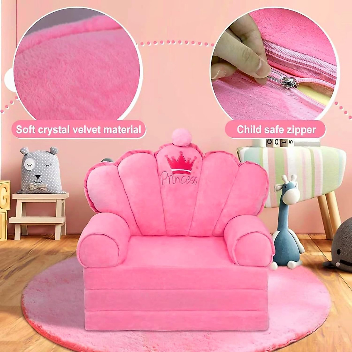 harhoers Pink Toddler Chair Kids Sofa Lounger Toddler Bed Couch for Seating,Soft Princess Comfy Foldable Kids Couch Fold Out for Toddlers 1-5,children's chairs for toddlers for Girls Bedroom Furniture