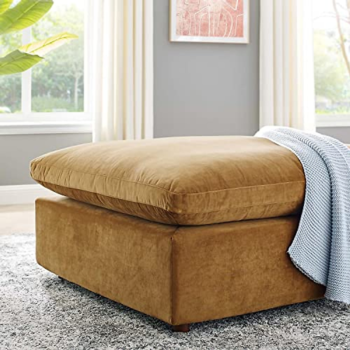 Modway Commix Down-Filled Overstuffed Performance Velvet Sectional Sofa Ottoman in Cognac