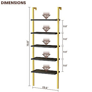 AWQM 5 Tiers Bookshelf, Modern Bookcase Wood Wall Mounted Bookshelf,Industrial Ladder Shelf with Stable Metal Frame,Open Display Rack Storage Shelves for Living Room/Home/Office,Gold +Black