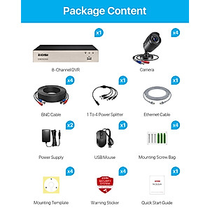 ZOSI H.265+ Home Security Camera System Outdoor Indoor, 8 Channel 5MP-Lite CCTV DVR Recorder and 4pcs Weatherproof Surveillance Bullet Camera,Night Vision,Remote Access,Motion Alerts (No HDD)