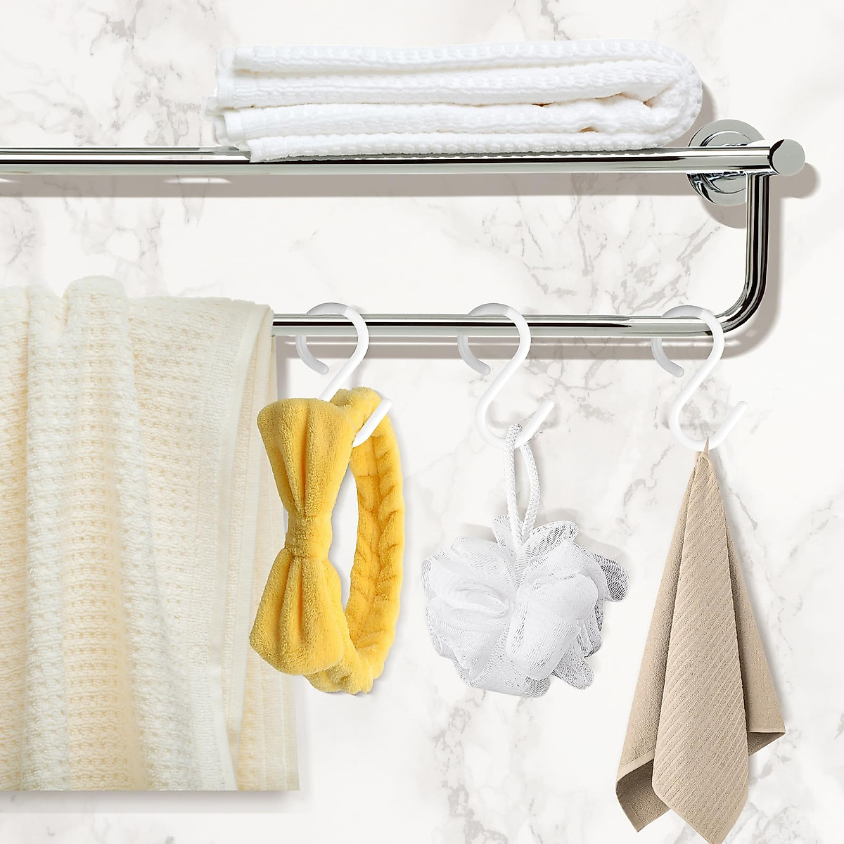 6 Pack Secure & Quiet Plastic S Hooks for Hanging Towel, 3.5 Inch Shower Curtain Hooks Rings Rust-Free,Twist & Lock Small Closet S Hooks for Shower Curtain, Clothes, Towels, Hats (White)