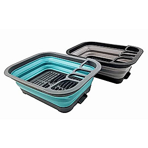 SAMMART 7.3L (1.9 Gallon) Collapsible Dish Drainer with Drainer Board - Foldable Drying Rack Set - Portable Dinnerware Organizer - Space Saving (Alloy Grey + Crystal Blue (Set of 2))