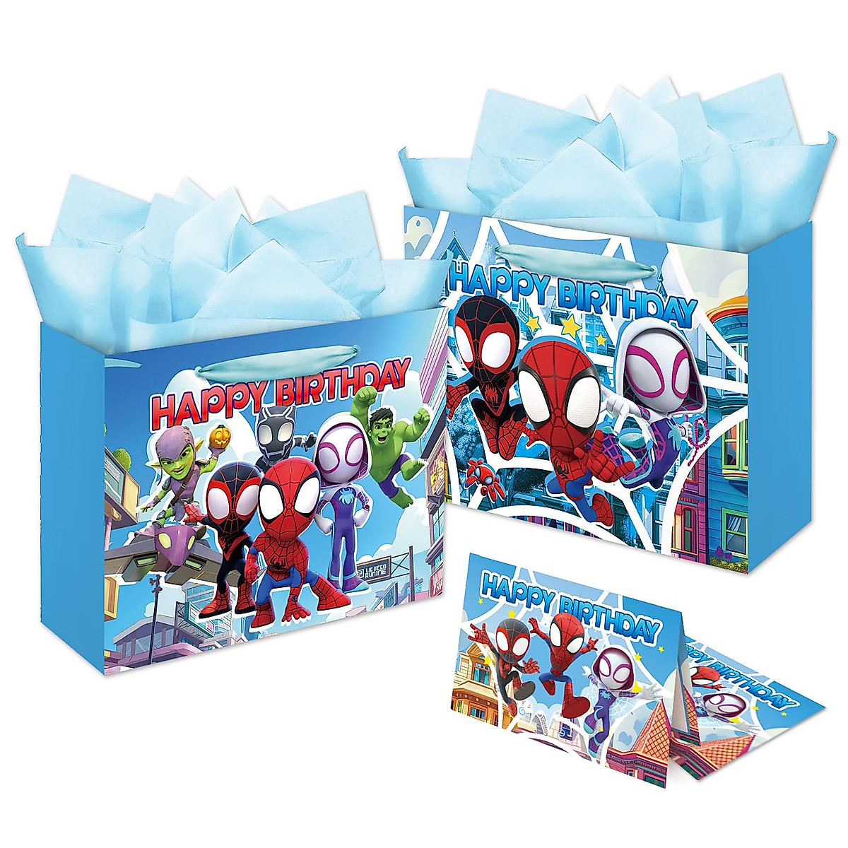 ZEZGERS 2PCS Spidey Gift Bag for Happy Birthday with Handle, Tissue Paper and Card for Baby Shower,Classroom,Birthday Party Decorations Supplies