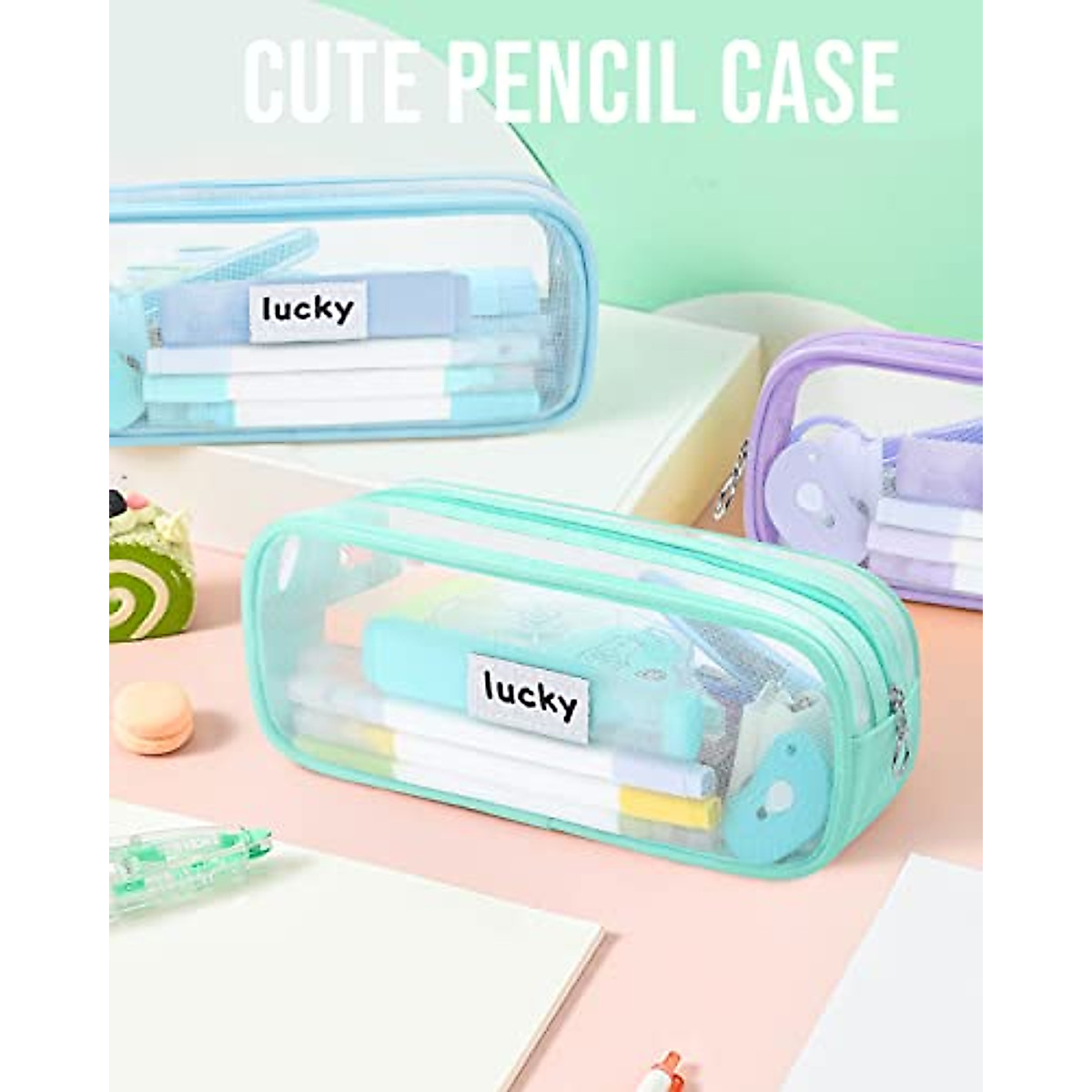 DGDFLDGC Mesh Pencil Pouch Clear Case Kawaii Accessories Bag Makeup Big Office College School Gift for adults Teen Girl Boy (DG 003)