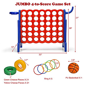 Giantex 4 in a Row Connect Game, Jumbo 4 to Score Game Set w/ 42 Chess Rings, Basketball & Hoop, Toss Rings & Quick-Release Lever, Indoor & Outdoor Family Party Game for Kids & Adults