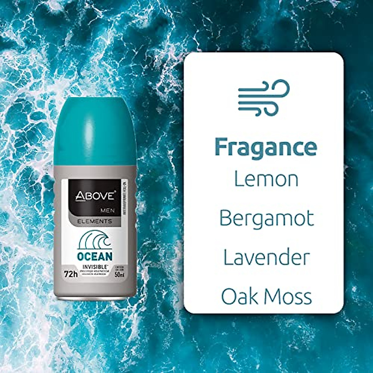 ABOVE Ocean - 72 Hour Elements Antiperspirant Roll-On Deodorant for Men - Notes of Lemon, Bergamot, and Lavender - Protects Against Sweat and Body Odor - Stain, Cruelty, and Alcohol Free - 4 Pc Set