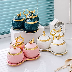 Buric Porcelain Condiment Jar, 3pcs Spice Container Set with Spoon and Tray for Sugar Bowl Serving Tea, Coffee, Spice (White)