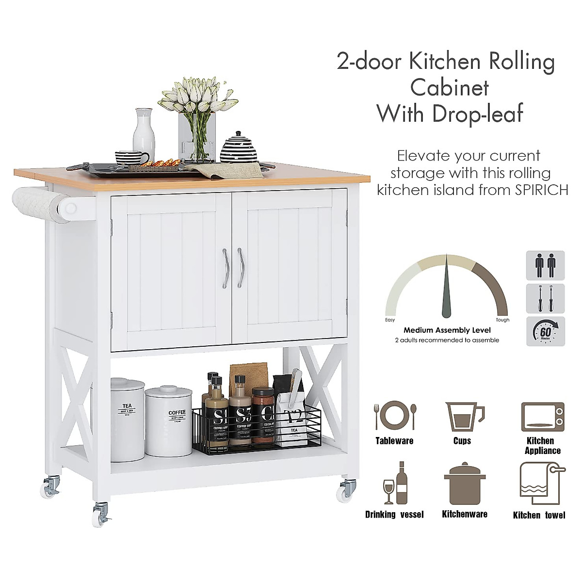 Spirich Kitchen Island on Wheels, Rolling Kitchen Cart with Storage Cabinet, Small Kitchen Island with Drop Leaf and Towel Rack for Dining Room, White