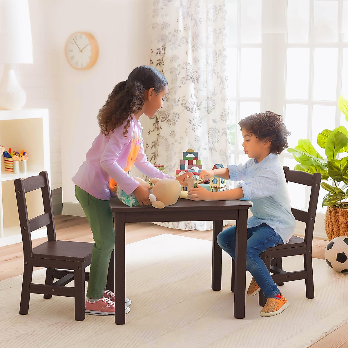 Curipeer Solid Wood Kids Table and 2 Chair Set, Toddler Activity Table and Chairs, Carved Rivet Decoration Furniture for Children's Craft, Playroom, Bedroom, Art, Reading