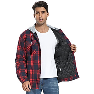 PEGENO Men's Long Sleeve Plaid Button Quilted Lined Flannel Shirt Jacket with Hood（Red Grid-US X-Large）