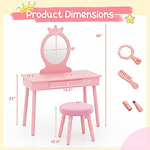 HONEY JOY Pink Crown Makeup Vanity, Includes Chair & Real Glass Mirror, Large Engineered Wood Kids' Vanity Set, Safe & Sturdy, Easy to Install & Clean, Pink