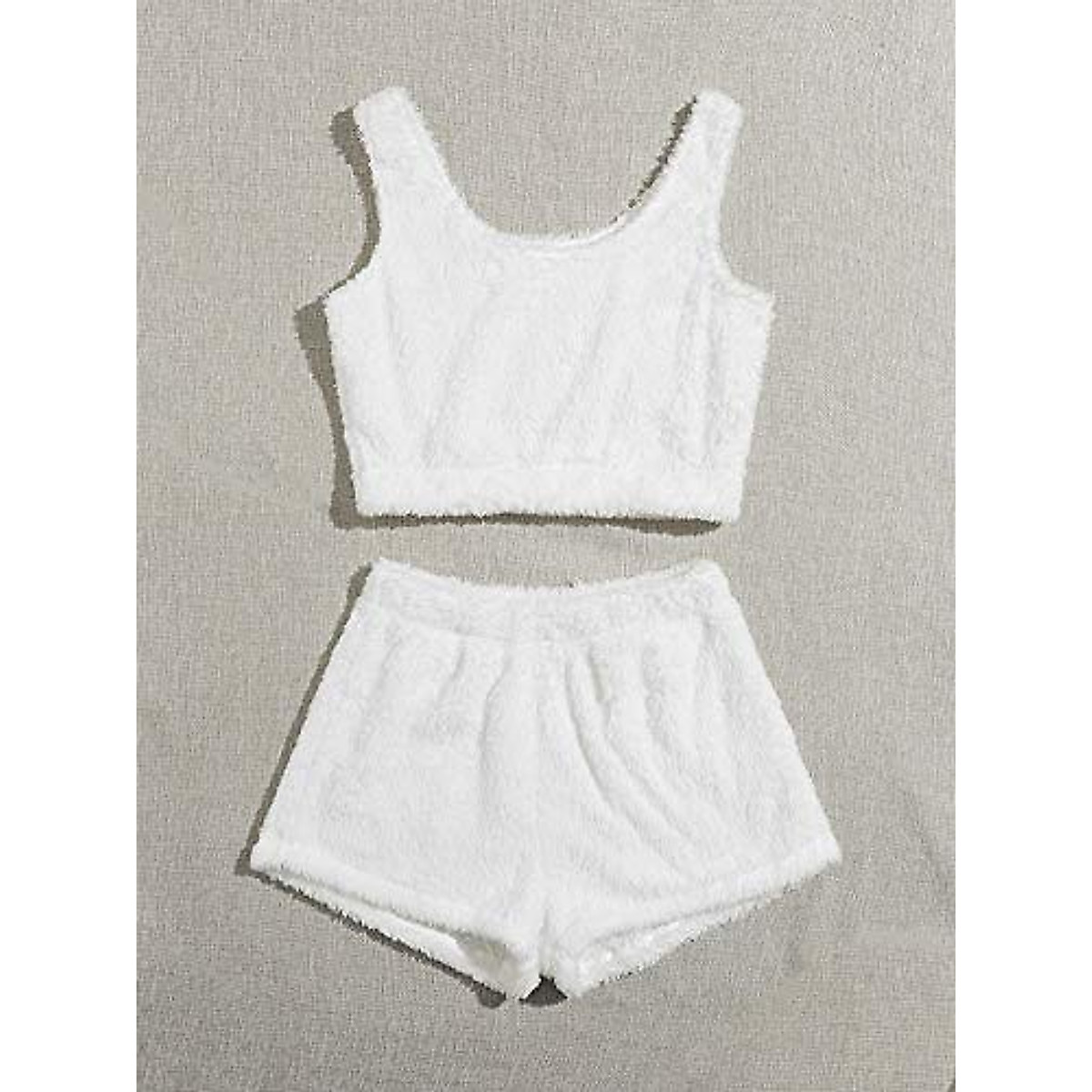 SweatyRocks Women's Fluffy Pajamas Set Crop Tank Top With Shorts Loungewear White S