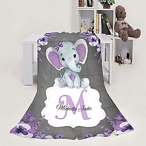 Yeshop Personalized Throw Blanket, Monogram Purple Floral Elephant Custom Blankets 50x60 Inches for Couch Bed, Fleece Blanket with Your Name Birthday for Boy Girl Teen