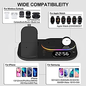 4 in 1 Wireless Charging Station with Digital Clock and Night Light, Wireless Charger Stand Compatible with iPhone 13/12, AirPods 3/2/pro, iWatch Series 7/6/5/SE/4/3/2/1, Samsung Galaxy etc(Black)