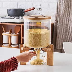 ANSQU Glass Rice Dispenser 5L, Large Grain Container Storage with Bamboo Stand, Rice Storage Container Sealed Moisture Proof with Measuring Cup for Kitchen Pantry Grain Coffee Beans Dry Food