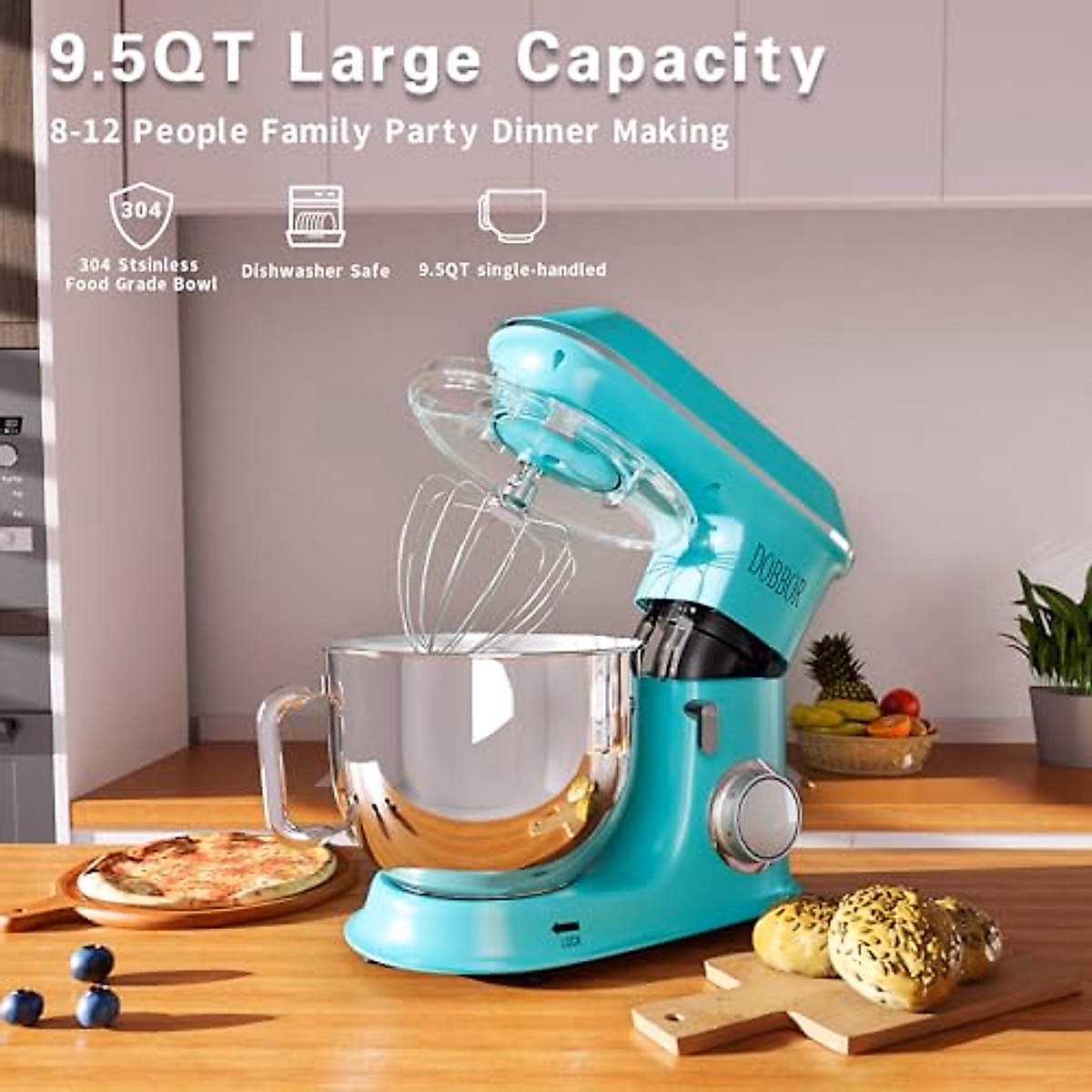 DOBBOR Electric Stand mixer, 9.5QT 660W 7 Speeds Tilt-Head Dough Mixers, Bread Mixer with Dough Hook, Whisk, Beater, Splash Guard for Baking Bread, Cake, Cookie, Pizza, Muffin, Salad and More - Blue