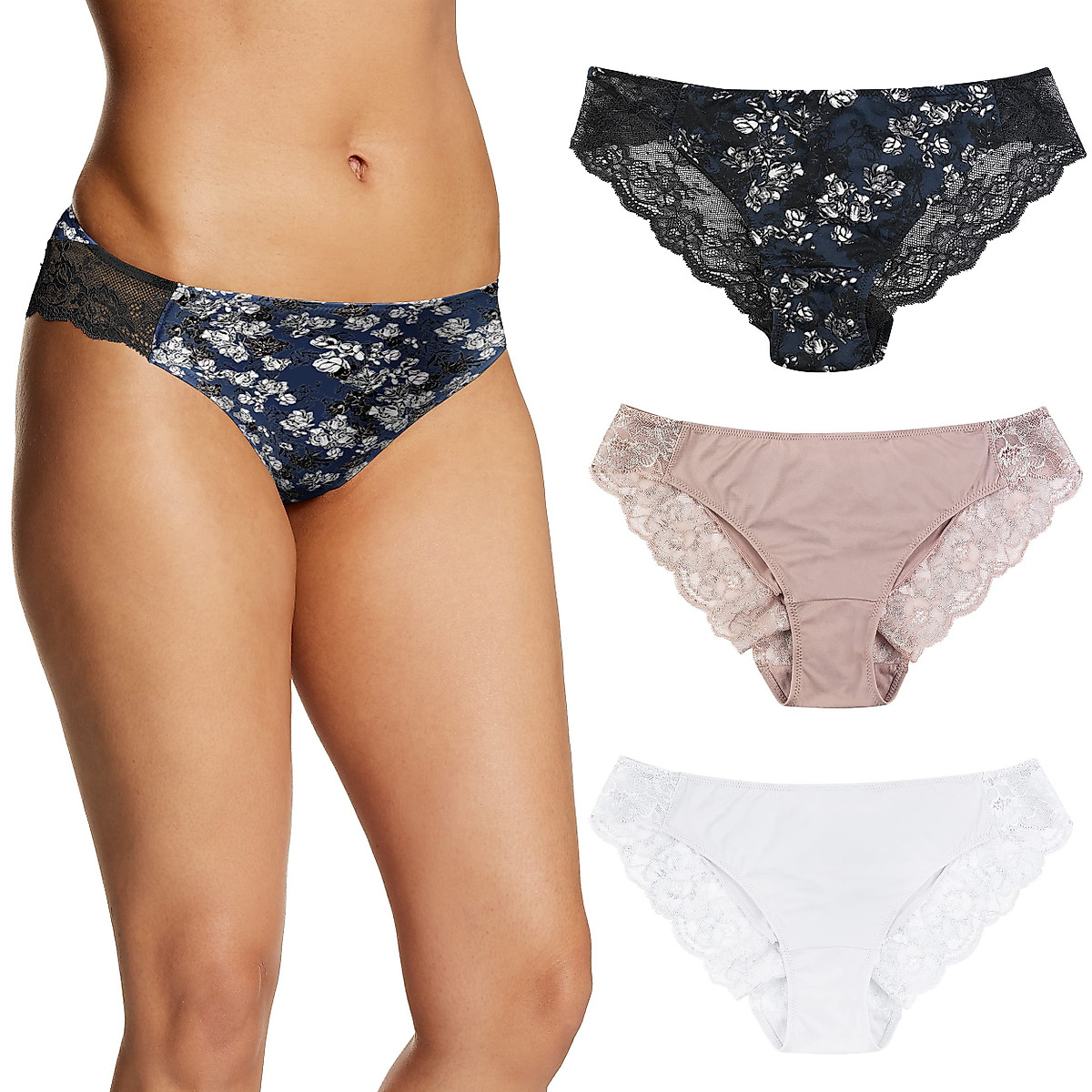 Maidenform Women's Underwear, Lace Tanga, Cheeky Panties, Solid or Assorted, 3-Pack, Black Navy Blossom/Evening Blush/White