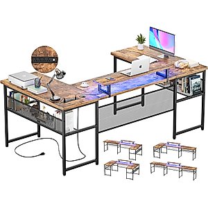 Unikito 130 Inch Computer Desk, DIY Sturdy U Shaped Office Desk with Smart Strip Light and Magic Power Outlet, Cool Modern Gaming Table with Monitor Stand and Storage Shelves, Space Free, Black Oak