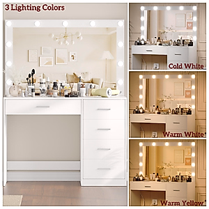 Irontar Vanity Desk with Charging Station, Makeup Table with Large Mirror, Makeup Vanity with Lights, Brightness Adjustable, Dressing Table Desk with 5 Drawers, Bedroom Vanity Table, White WDT010W