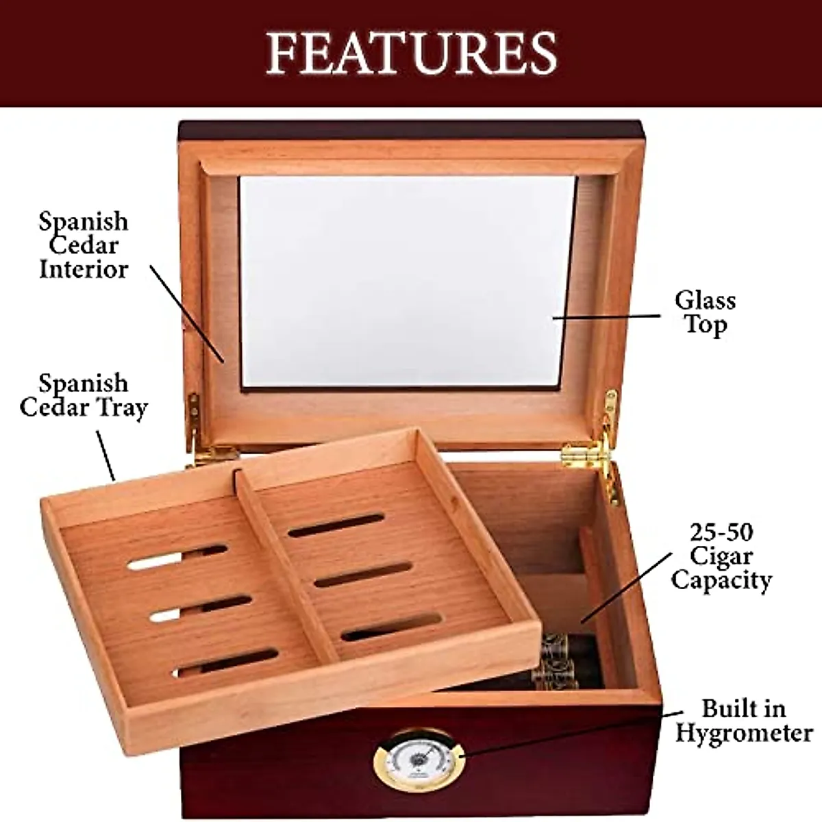 Mantello Glass Top Cigar Humidors - Humidor Cigar Box with Humidifier, Spanish Cedar Tray, Divider, and Hygrometer - Gifts for Men, Holds 25 to 50 Cigars