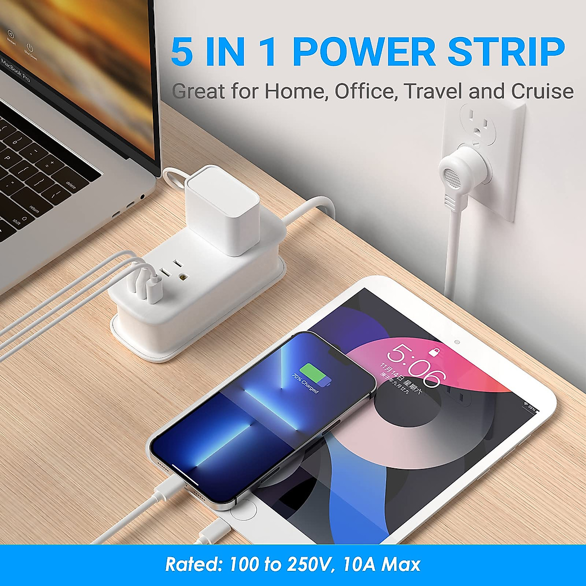 Power Strip with USB Ports, Unidapt Extension Cord Multiple Outlets, 4 ft Wrapped Around 2 Wall Outlets 3 1 C, No Surge Protector, Home Office Travel Cruise Must Have
