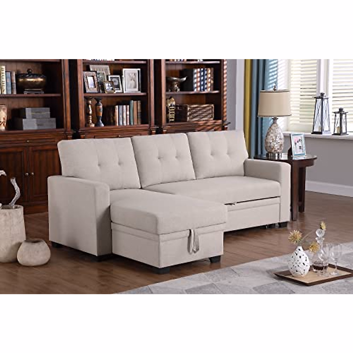 KTVTK 82" L-Shape Sleeper Sectional Sofa with Storage Chaise and Pull-Out Bed,Convertible Couch for Living Room,Apartment,Office,Beige, 82'