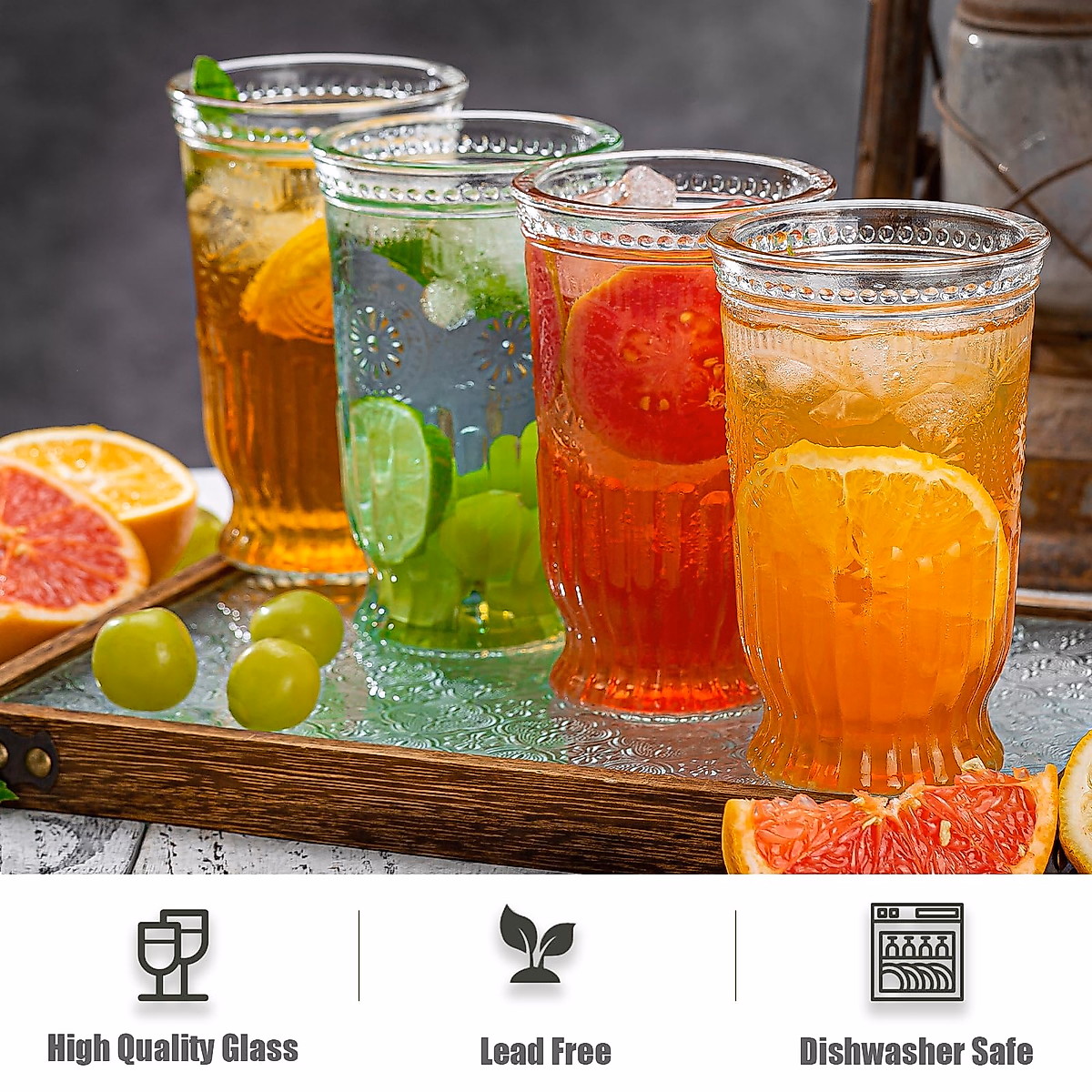 wookgreat Vintage Drinking Glasses, 12 pcs Embossed Designed Highball Glasses, 16oz Glass Cups, Tall Water Glass Tumbler, Mojito Cup, Cocktail Glass, Vintage Glassware Set for Juice, Cocktail, Whiskey