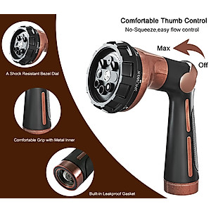 FANHAO Garden Hose Nozzle, 100% Heavy Duty Metal Water Hose Sprayer with 8 Spray Patterns, High Pressure Water Nozzle with Thumb Control, On Off Valve for Watering Plants, Washing Cars & Pets, Brown