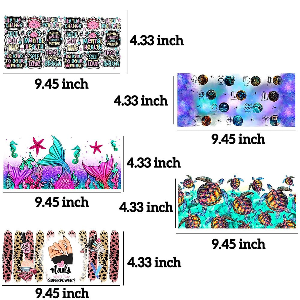 Myhiju UV DTF Cup Wrap Transfer Sticker for Glass Coffee Cups,5 Sheets of Mixed Style UV DTF Transfer Sticker for 16oz Libbey Glass Cups,DIY Waterproof Clear Film Rub on Transfers Stickers Decals.