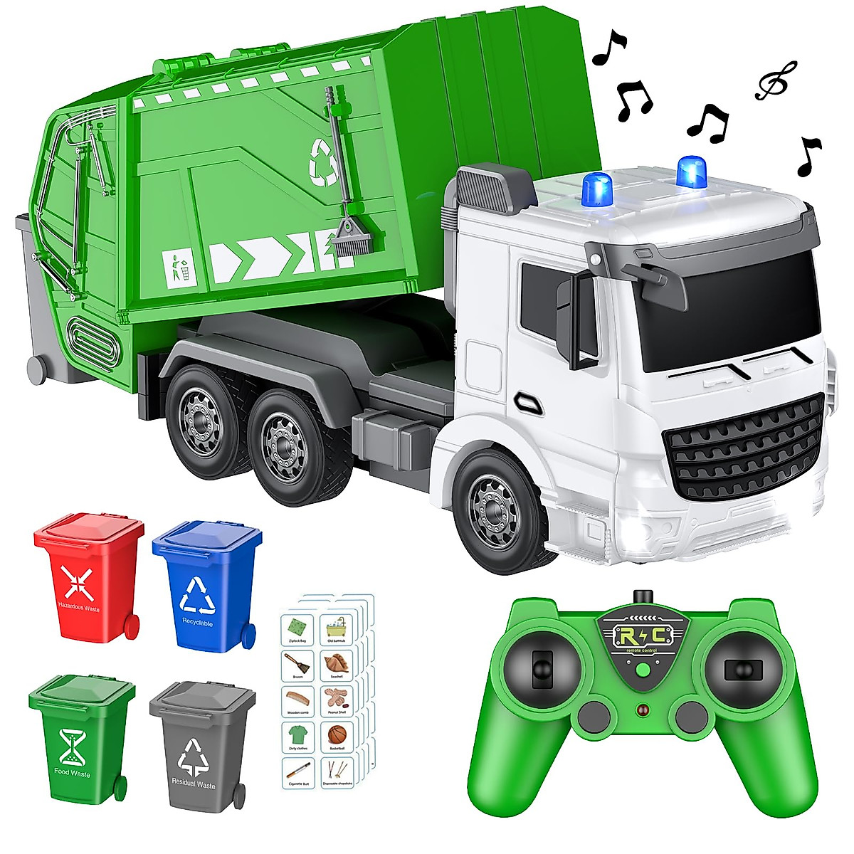 CALEST 2.4Ghz RC Garbage Truck with 4 Trash Cans, 6 Channel Remote Control, Waste Management Toy, 100pcs Garbage Sorting Cards, Boys 3+