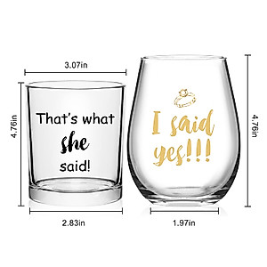 DAZLUTE I Said Yes That's What She Said Stemless Wine Glass and Whiskey Glass, Engagement Gifts Wedding Gifts Valentine’s Day Gifts Bridal Shower Gifts for Couples Him Her Newlyweds Fiance Fiancee