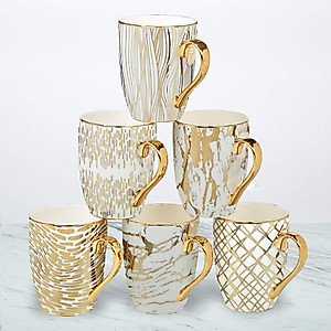 biikoosii Gold Plated Mugs Set of 6 White Geometric Modern Contemporary Transitional Round Ceramic Porcelain Piece