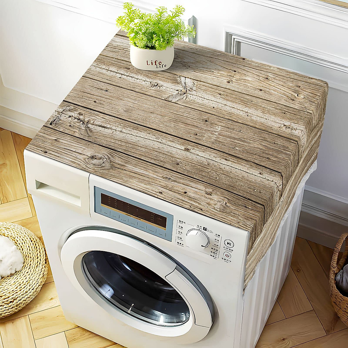 Rustic Wood Wooden Washing Machine Cover, 51''x22'' Non Slip Washer Dryer Top Cover Mat for Front Load Waterproof Refrigerator Fridge Dust Proof Cover with 4 Storage Bags Home Decor