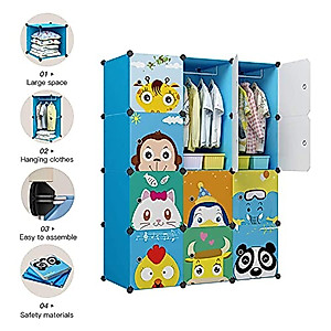 JYYG Kids Dresser Kid Clothes Storage Organizer Baby Dresser Kid Closet Baby Clothes Storage Cabinet for Kids Room Baby Wardrobe Toddler Closet Childrens Dresser (Blue, 8 Cubes 2 Hanging Sections)