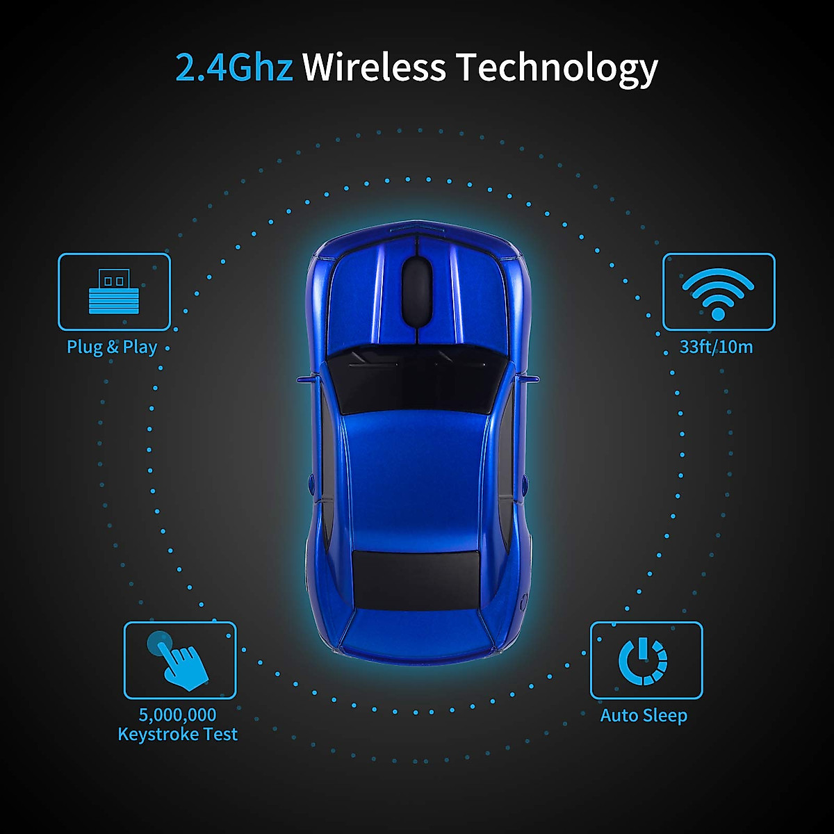 BKLNOG Wireless Car Mouse [Updated] with LED Headlights, 1600 DPI Sports Car Shaped Mouse for Mac, Computers, Blue