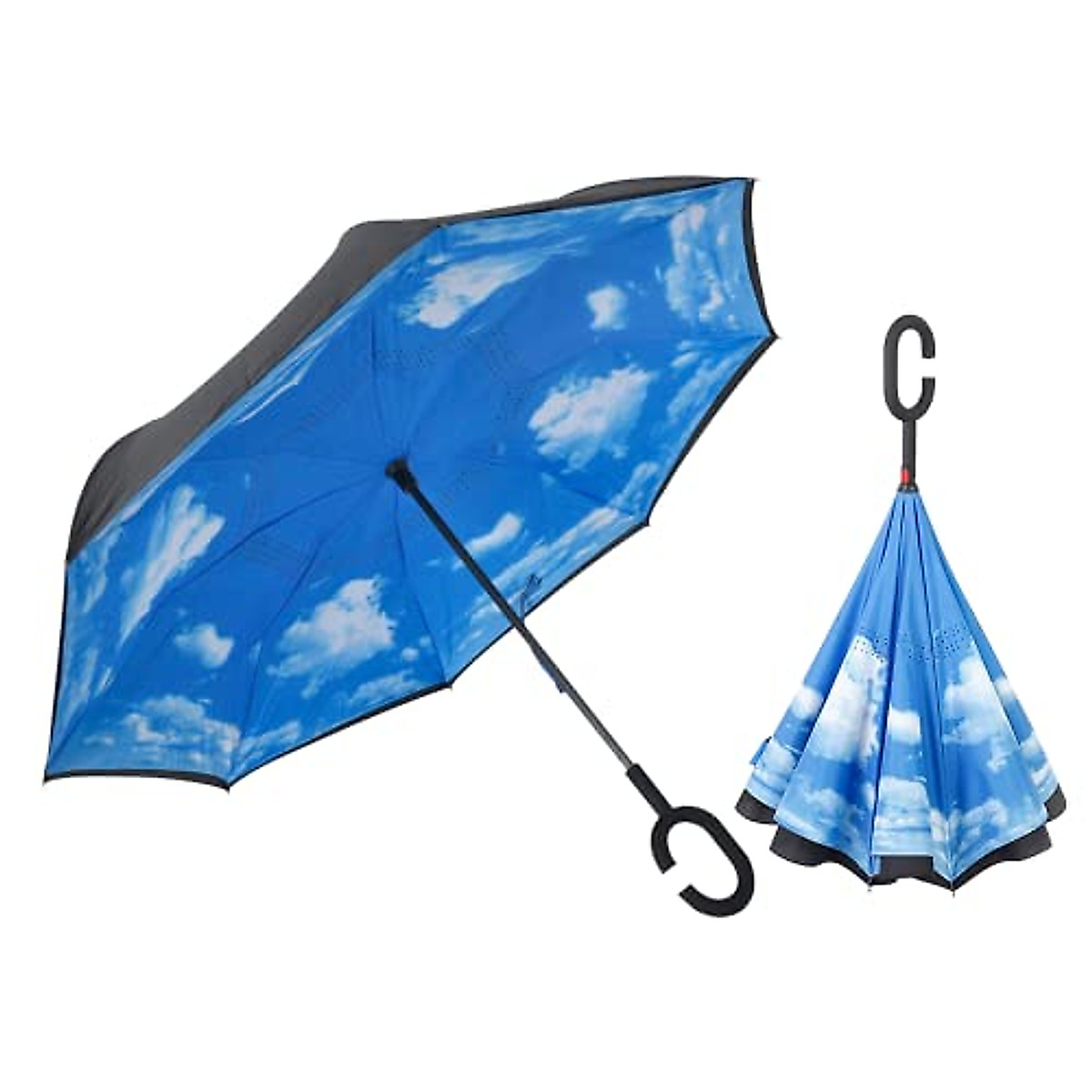 LLanxiry Umbrella,Inverted Reverse Upside Down Umbrellas with C-Shaped Handle, Anti-UV Waterproof Rain Umbrella for Women and Men (high clouds)