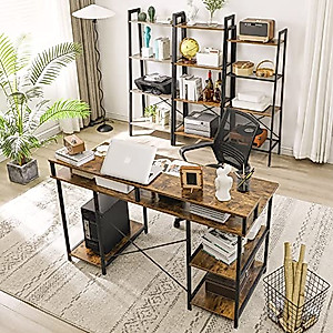 IBUYKE 55" Computer Desk, Office Table, Gaming Workstation with Storage Shelves/Monitor Stand, Study Table for Home Office, Space-Saving, Easy to Assemble, Rustic Brown and Black UTMJ056H