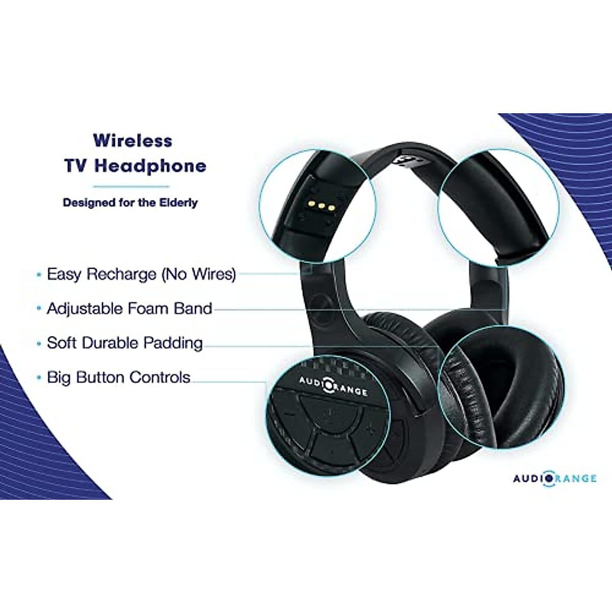 AudioRange Seniors & Hard of Hearing | Wireless TV Over-Ear Headphones Lightweight, Comfortable, Rechargeable TV Headphones, Television Hearing Device, No-Delay RF Headphone