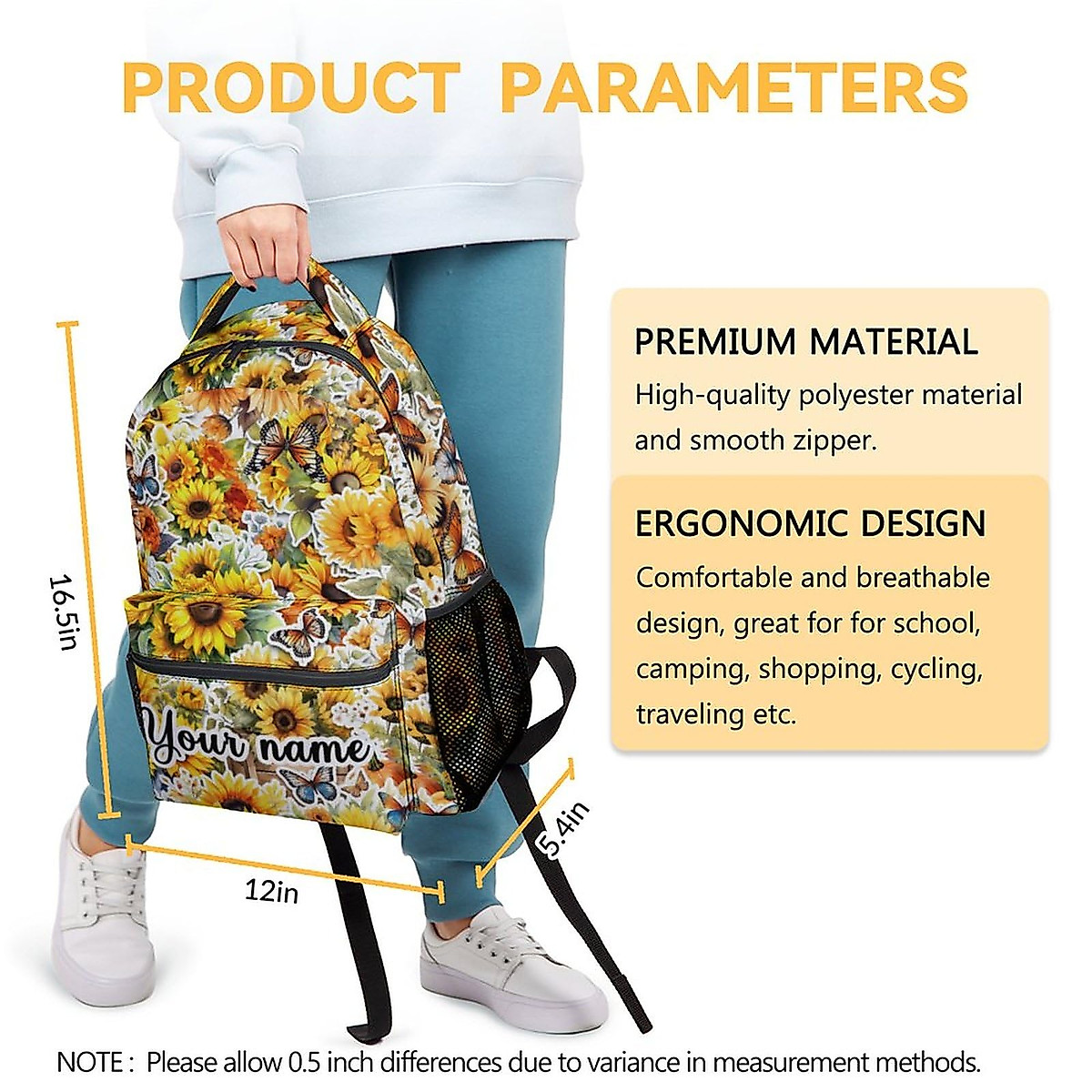 COOPASIA Personalized Sunflower Backpack for Girls, 16 Inch Aesthetic Backpack for School, Yellow, Adjustable Straps, Durable, Lightweight, Large Capacity Bookbag for Kids